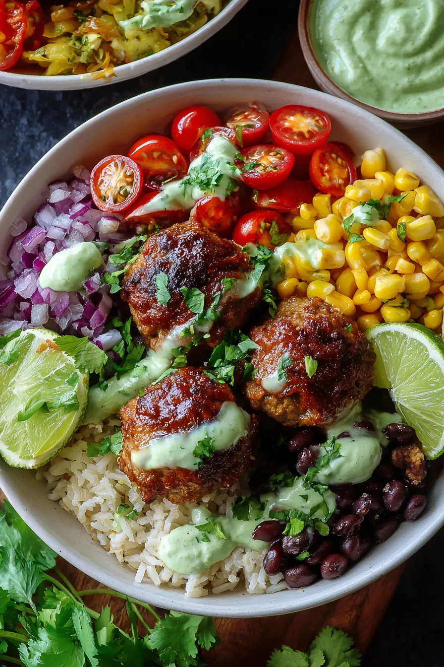 Barbecue Meatball Bowls with Avocado Goddess Sauce – RecipeSophia